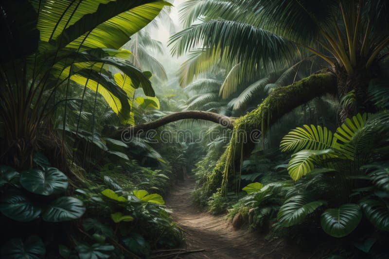A Pathway in Tropical Rainforest with Palm Trees and Path in the Mist ...