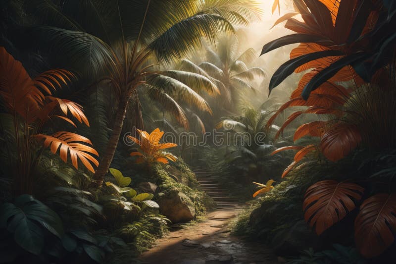 A Pathway in Tropical Rainforest with Palm Trees and Path in the Mist ...