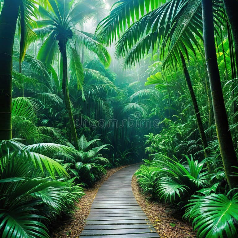 Pathway in Tropical Rainforest with Palm Trees and Path in Stock ...