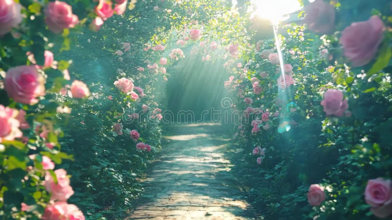 A Path Lined with Pink Roses in the Middle of a Garden Stock Video ...