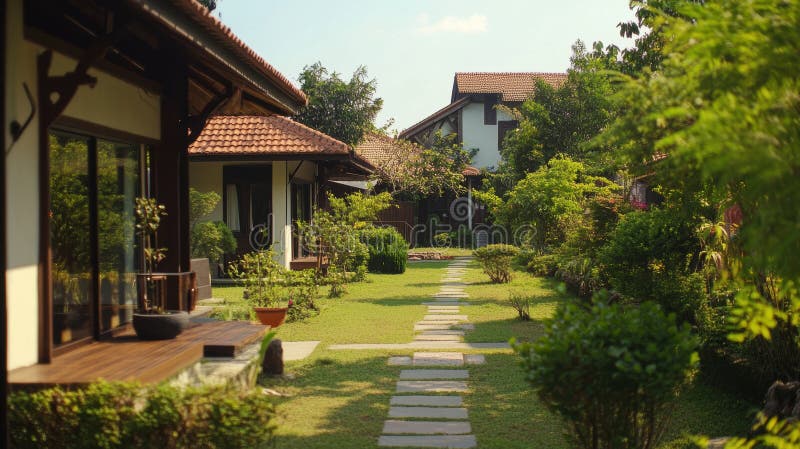 A Pathway between Two Houses with a Bench in the Middle Stock ...