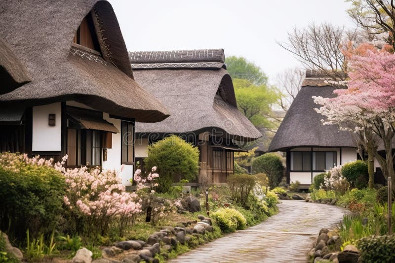 A Pathway between Two Thatched Houses in a Garden. Generative AI Image ...