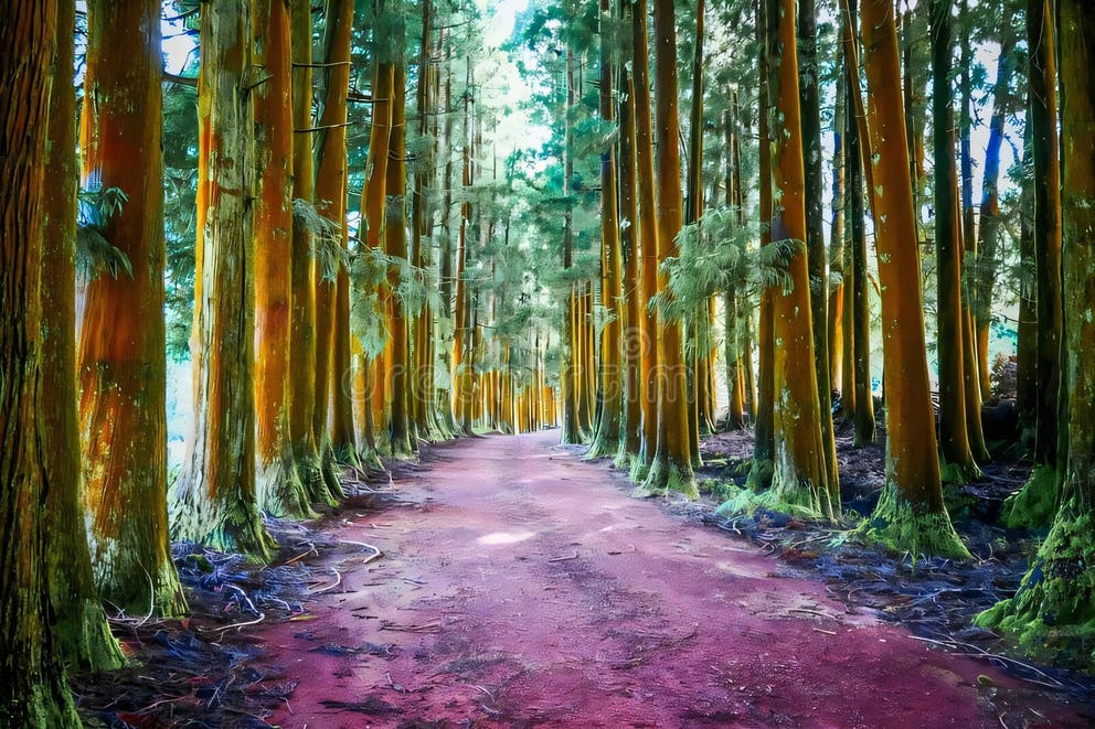 Pathway through Vibrant Cedar Forest Stock Photo - Image of tranquility ...