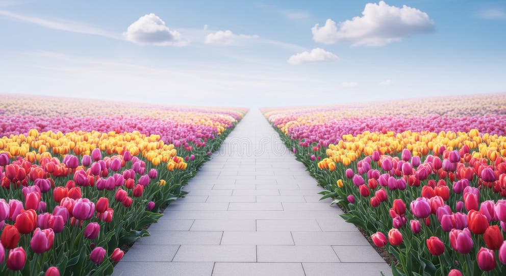 Pathway through Vibrant Tulip Field Under Sunny Sky Stock Illustration ...