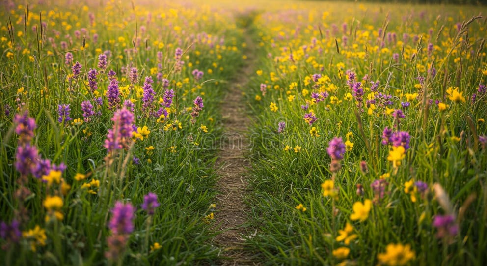 Pathway through Vibrant Wildflower Meadow in Sunlight Stock Image ...