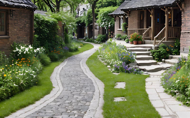 Pathway in a Village Environment Stock Illustration - Illustration of ...