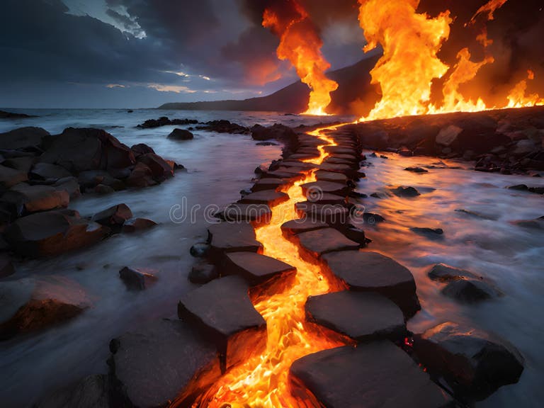 Pathway with Water and Fire Stock Illustration - Illustration of coast ...