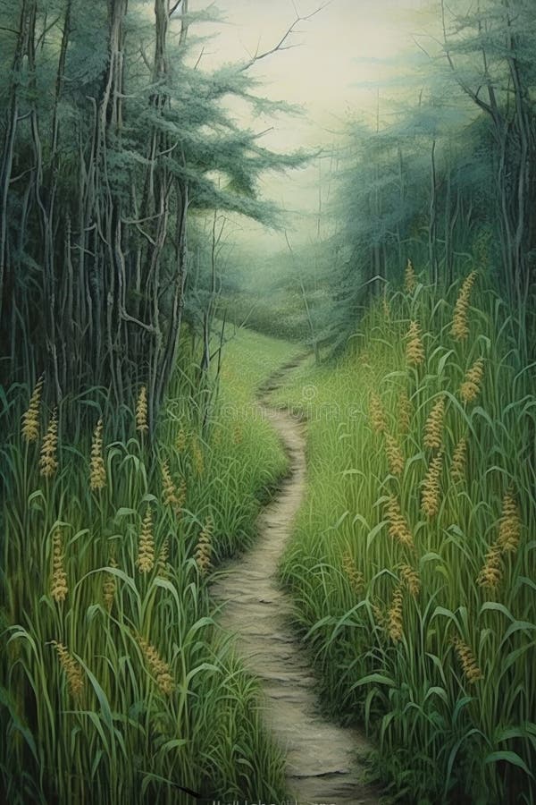 Pathway Winding through Dense Grass Landscape Stock Illustration ...