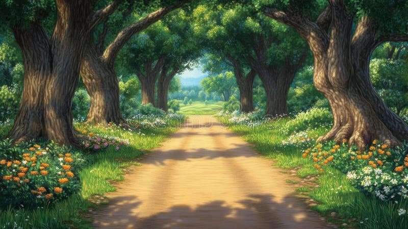 Pathway Winds through Lush Forest with Vibrant Wildflowers and Sunlight ...