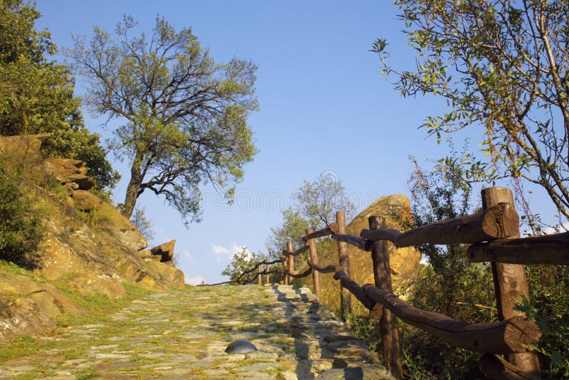Pathway with Wooden Railings Stock Image - Image of stone, vacation ...