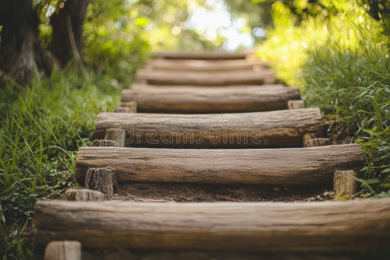 A Pathway of Wooden Steps Winds through Vibrant Green Foliage, Inviting ...