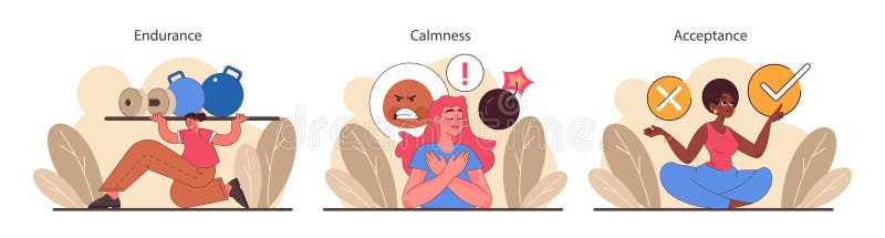 Patience Set. Calm Person Meditating and Finding Balance Stock Vector ...