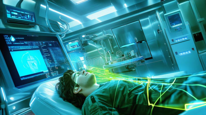 Patient Lying Down Undergoing Futuristic Medical Laser Scan Procedure ...