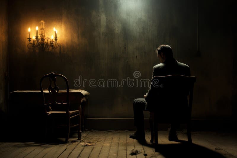 Patient Man Sitting Alone in Front of the Door. Home Room Stock ...
