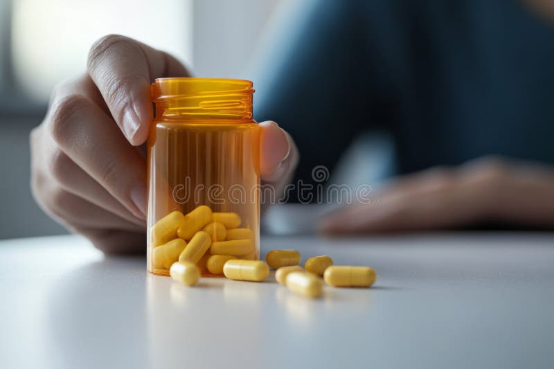 Patient Taking Medication from Pill Container: Yellow Capsules Spilling ...