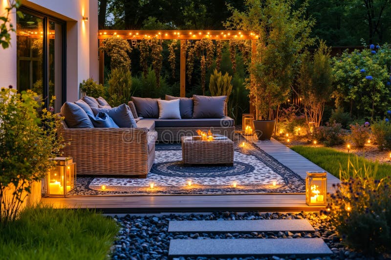 A Patio Area with a Couch, Table, Chairs, and a Fire Pit Stock Image ...