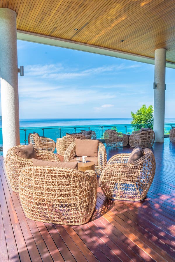 Patio Chair and Table with Sea View Background Stock Photo - Image of ...