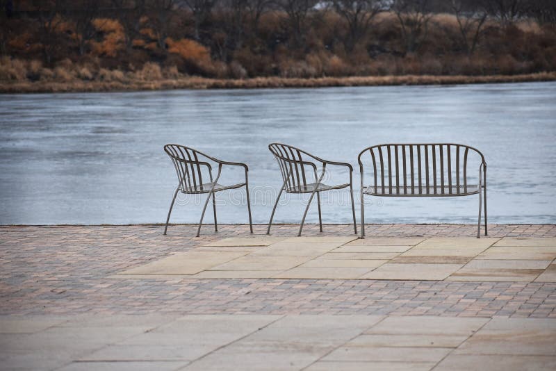 Patio Chairs Overlooking Pond Stock Photo - Image of relax, tile: 109307822