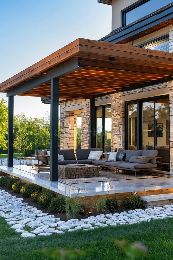 A Patio with a Couch and a Fire Pit on the Side of a House. Generative ...