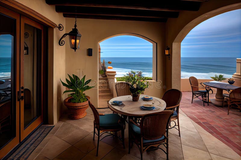 Patio with Dining Area and View of the Ocean Waves Stock Illustration ...
