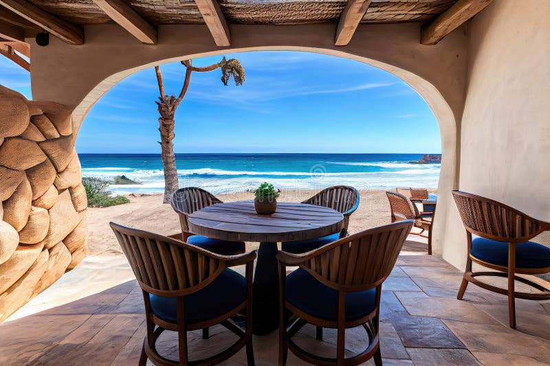 Patio with Dining Area and View of the Ocean Waves Stock Illustration ...