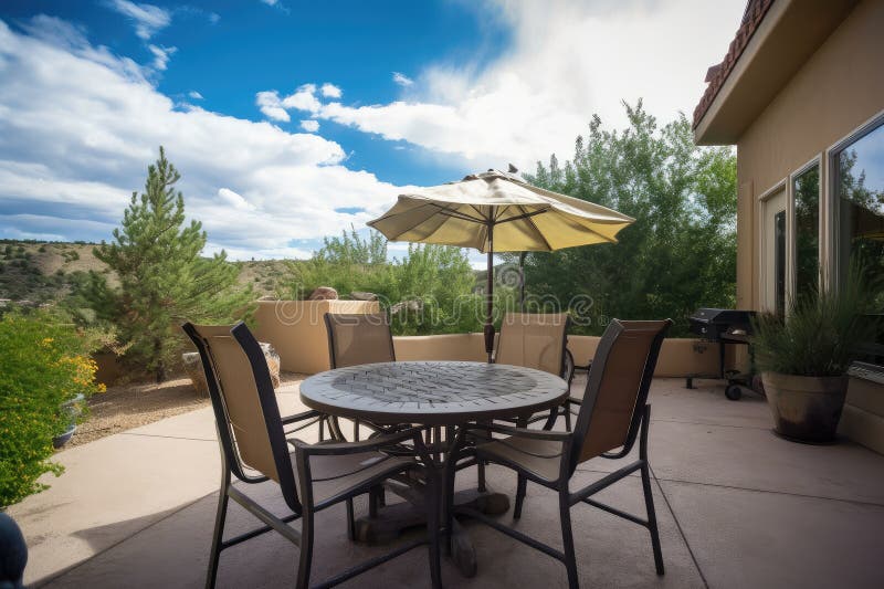 Patio with View of Beach, Waves Rolling in and Sand Dunes Stock ...