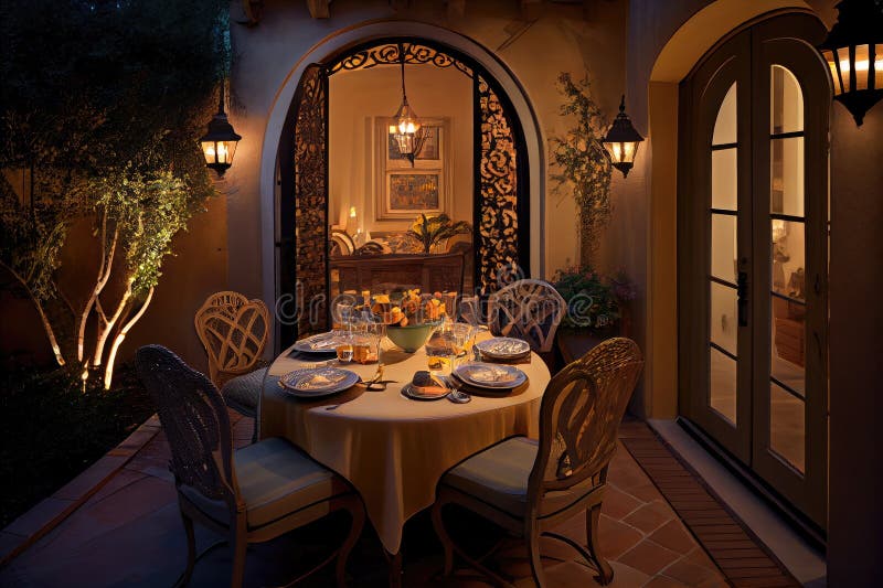 Patio with Elegant Dining Set, Ready for an Evening Feast Stock ...