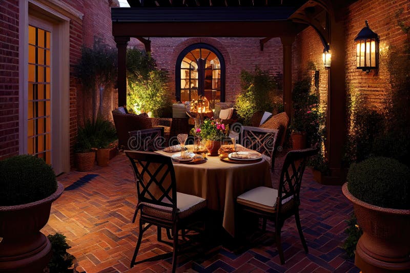 Patio with Elegant Dining Set, Ready for an Evening Feast Stock ...