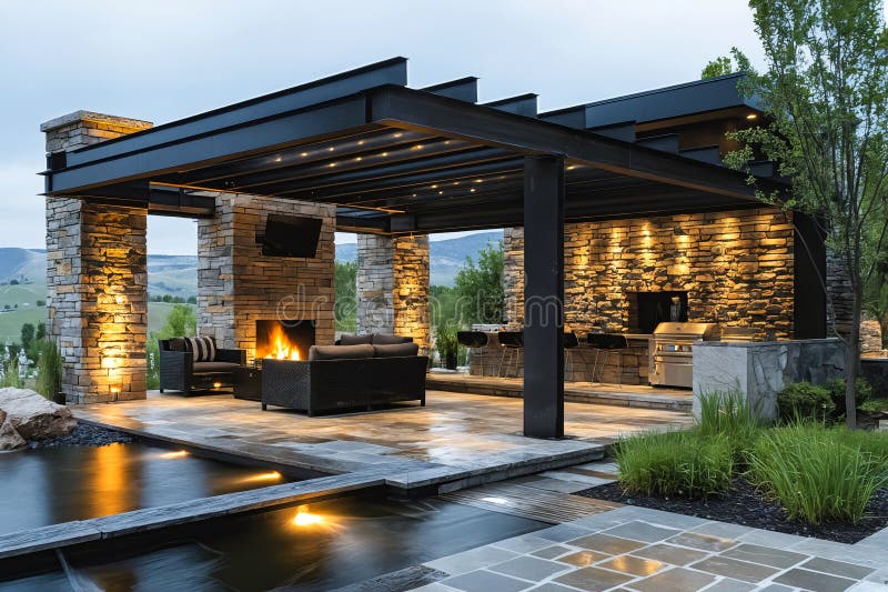 A Patio with a Fire Pit and a Grill Area Next To a Pool. Generative AI ...
