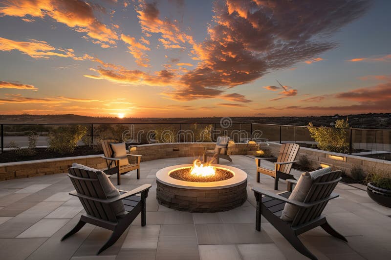 Patio with Fire Pit, Seating, and View of the Sunset Stock Illustration ...