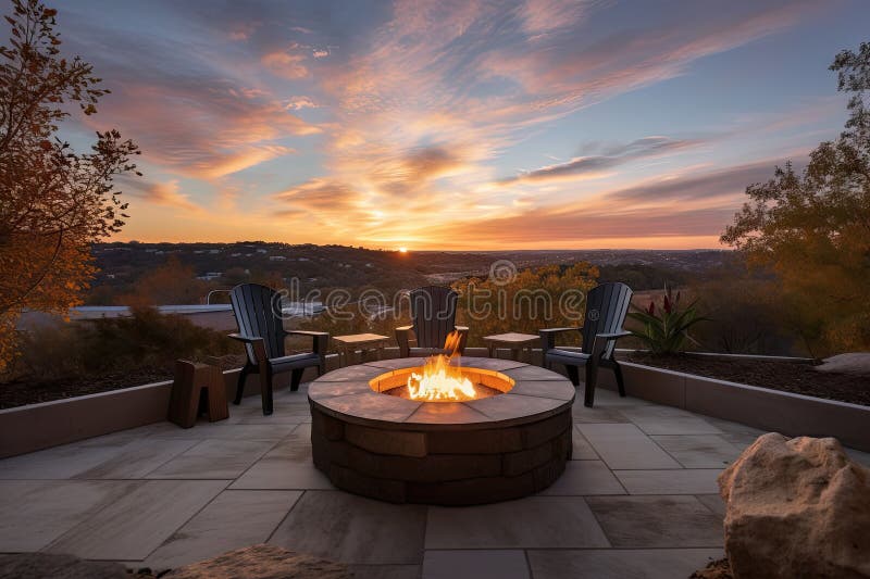 Patio with Fire Pit, Seating, and View of the Sunset Stock Photo ...