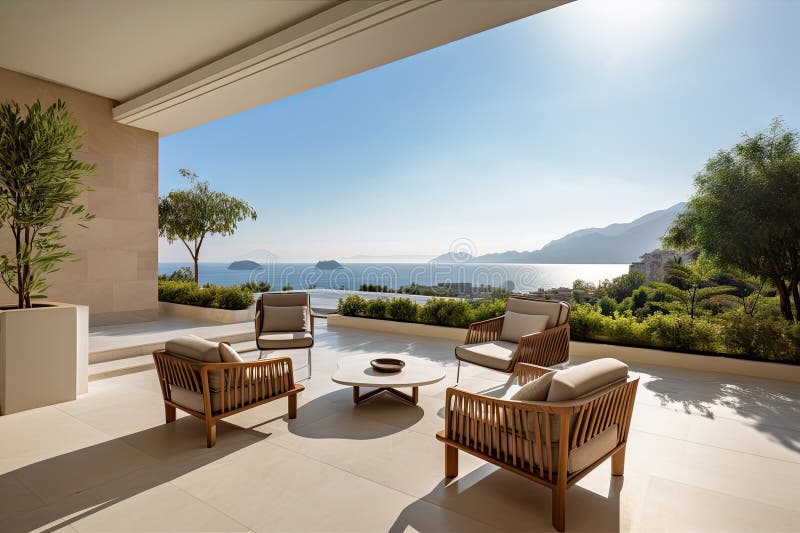 Patio of the Luxurious Villa, with View of the Sea and Mountains in the ...