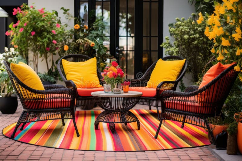 A Patio with Outdoor Wicker Chairs and Colorful Rug Stock Photo - Image ...