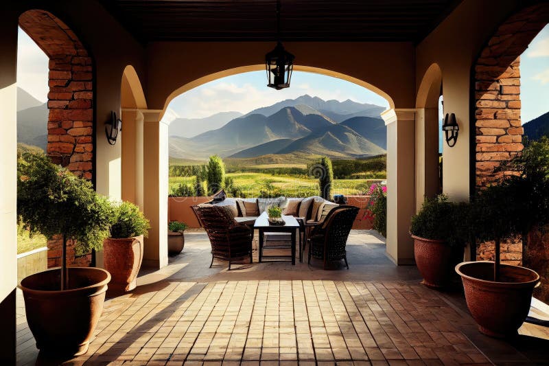 Patio with View of Beach, Waves Rolling in and Sand Dunes Stock ...
