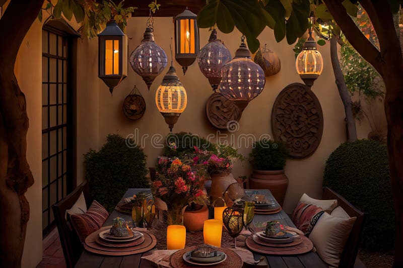 Patio with Sitting Area, Dining Table and Hanging Lanterns Stock ...