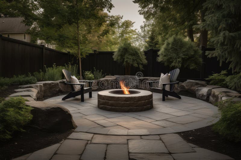 A Patio with a Stone Fire Pit and Plush Lounge Chairs Stock Image ...
