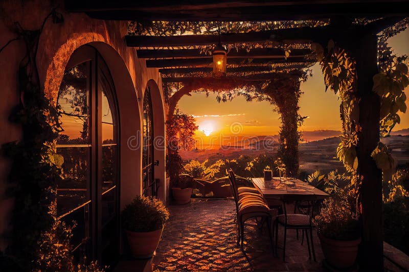 A Patio Surrounded by Greenery with a View of the Sunset Stock ...