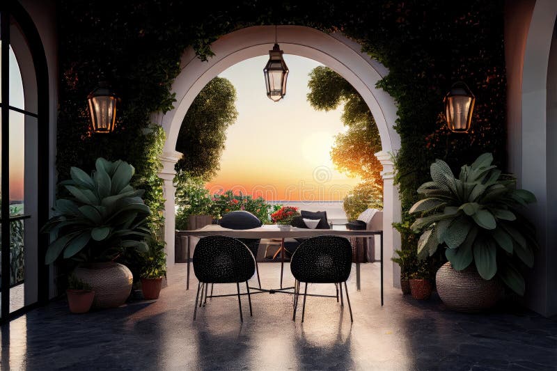 A Patio Surrounded by Greenery with a View of the Sunset Stock ...