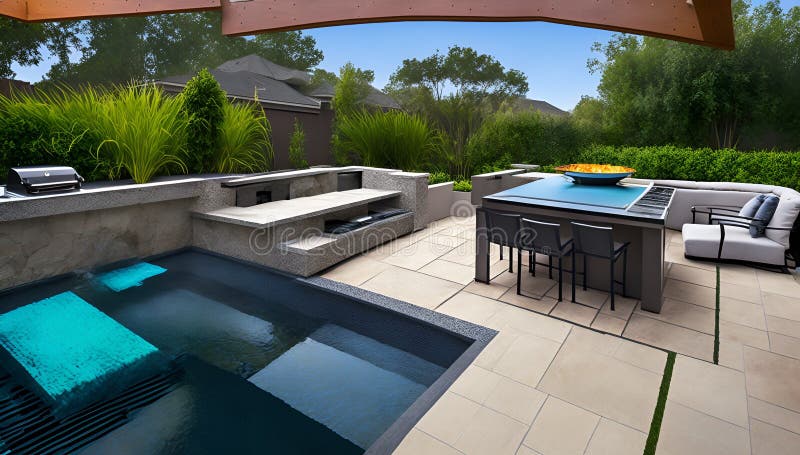 Patio with Swimming Pool and Table, 3d Render Stock Illustration ...