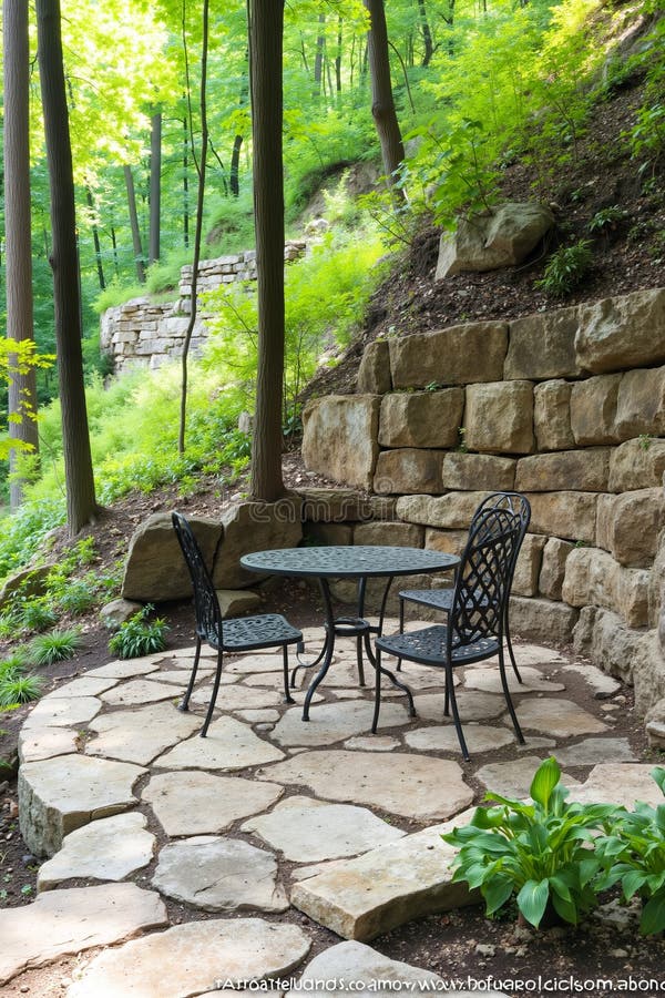A Patio with a Table and Chairs in the Middle of a Forest Stock Photo ...