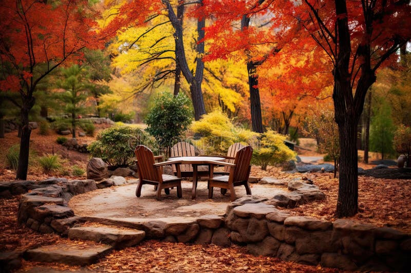 A Patio with a Table and Chairs in the Woods Stock Image - Image of ...