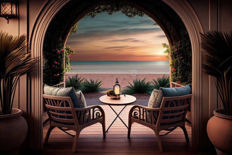 Patio with View of the Beach or Sunset Stock Illustration ...