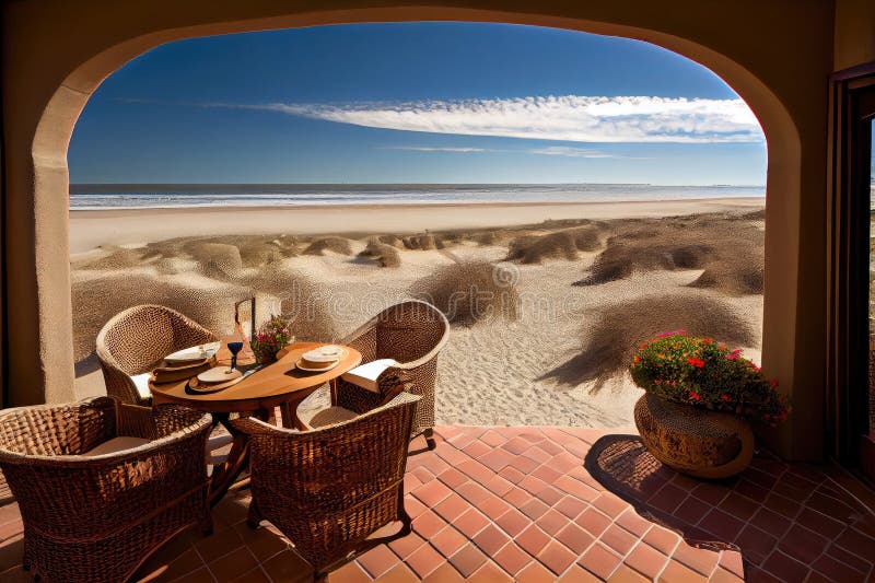 Patio with View of Beach, Waves Rolling in and Sand Dunes Stock ...