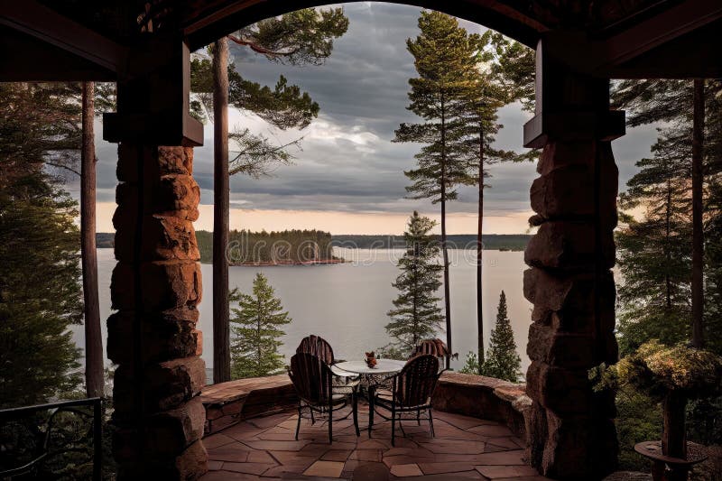 Patio with View of Lake, Surrounded by Towering Trees Stock Image ...
