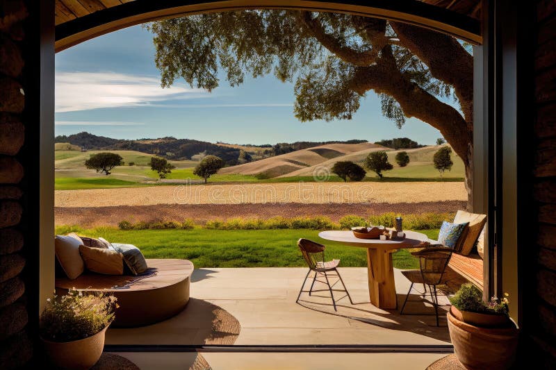 Patio with View of Sunny Meadow, Bordered by Rolling Hills Stock ...