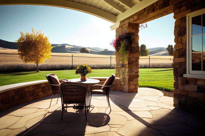 Patio with View of Sunny Meadow, Bordered by Rolling Hills Stock ...