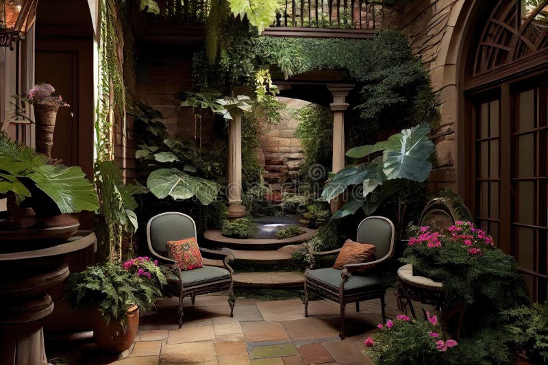 Patio with Waterfall and Lush Greenery for a Tranquil Setting Stock ...