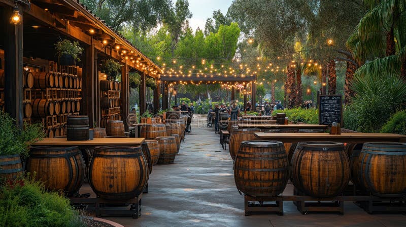A Patio with Wooden Barrels, Tables, and String Lights Stock Photo ...