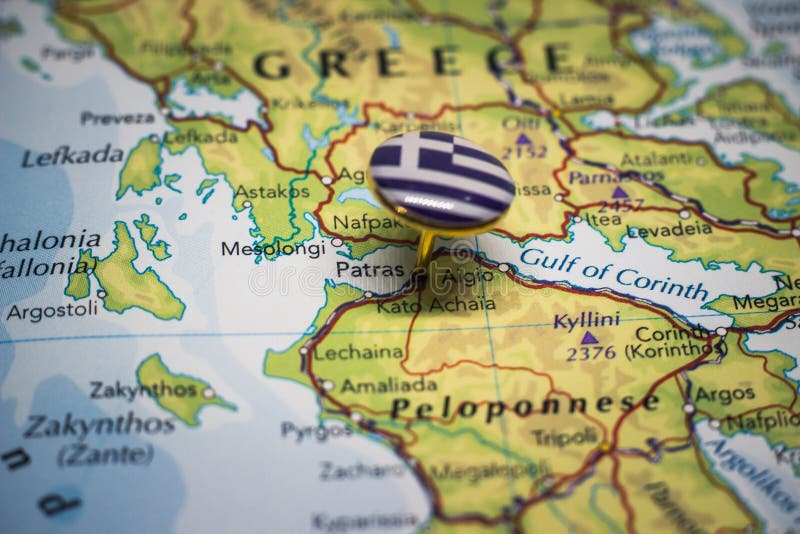 Patras Pinned on a Map with the Flag of Greece Stock Image - Image of ...