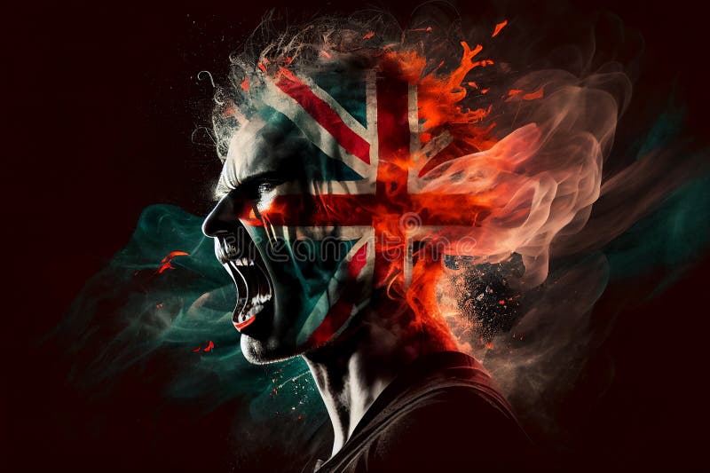 Patriot Adult Man Screaming in Anger with the Britsh Union Jack Flag ...
